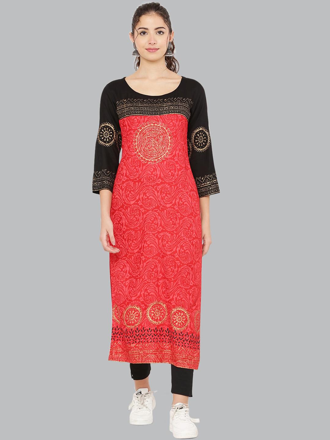 Buy DEGE Women Red Paisley Cotton Block Print Kurta - Kurtas for Women ...