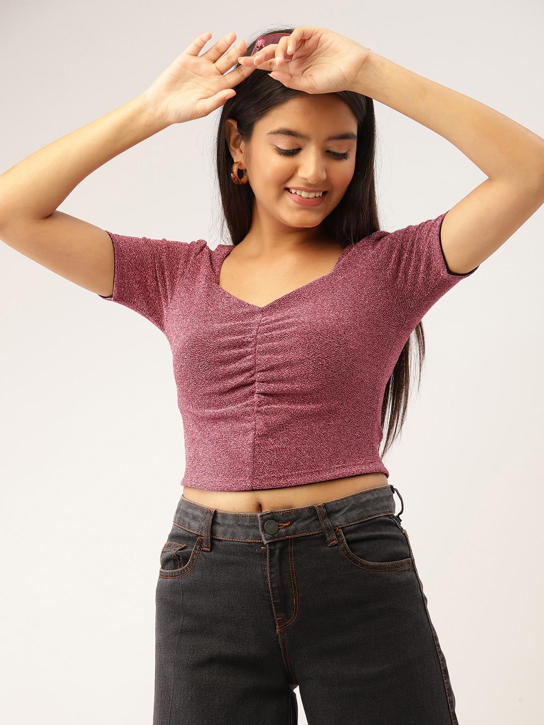 Buy DressBerry Teen Girls Pink Shimmered Sweetheart Neck Regular Top ...