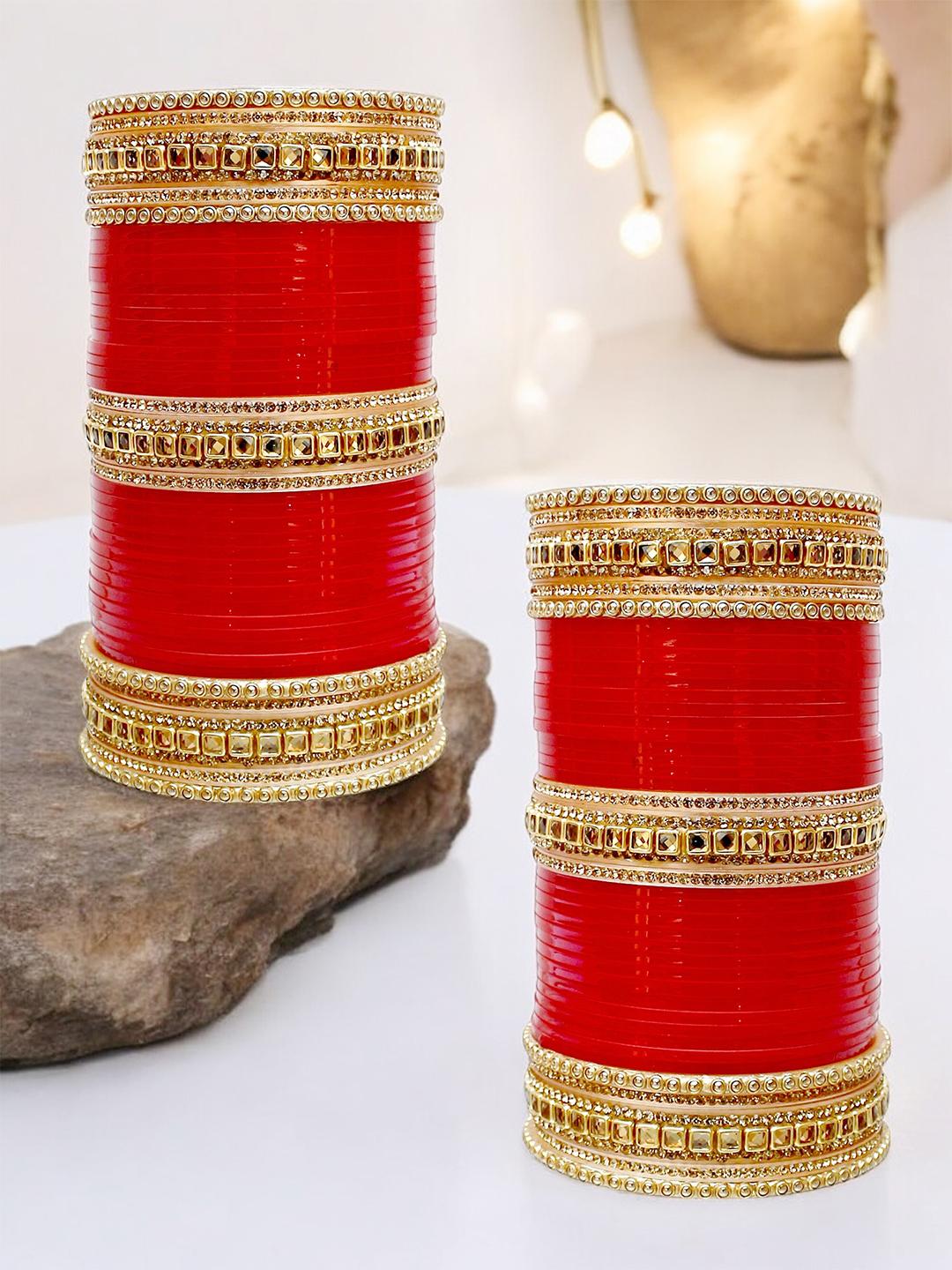 Buy LUCKY JEWELLERY Women Gold Toned & Red Stone Studded Chura Set ...
