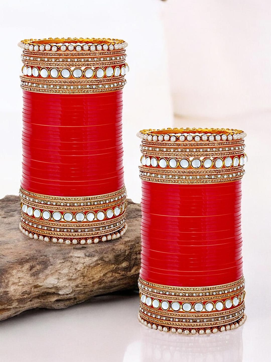 Buy LUCKY JEWELLERY Red Kundan Stone Studded Punjabi Chura Bridal ...