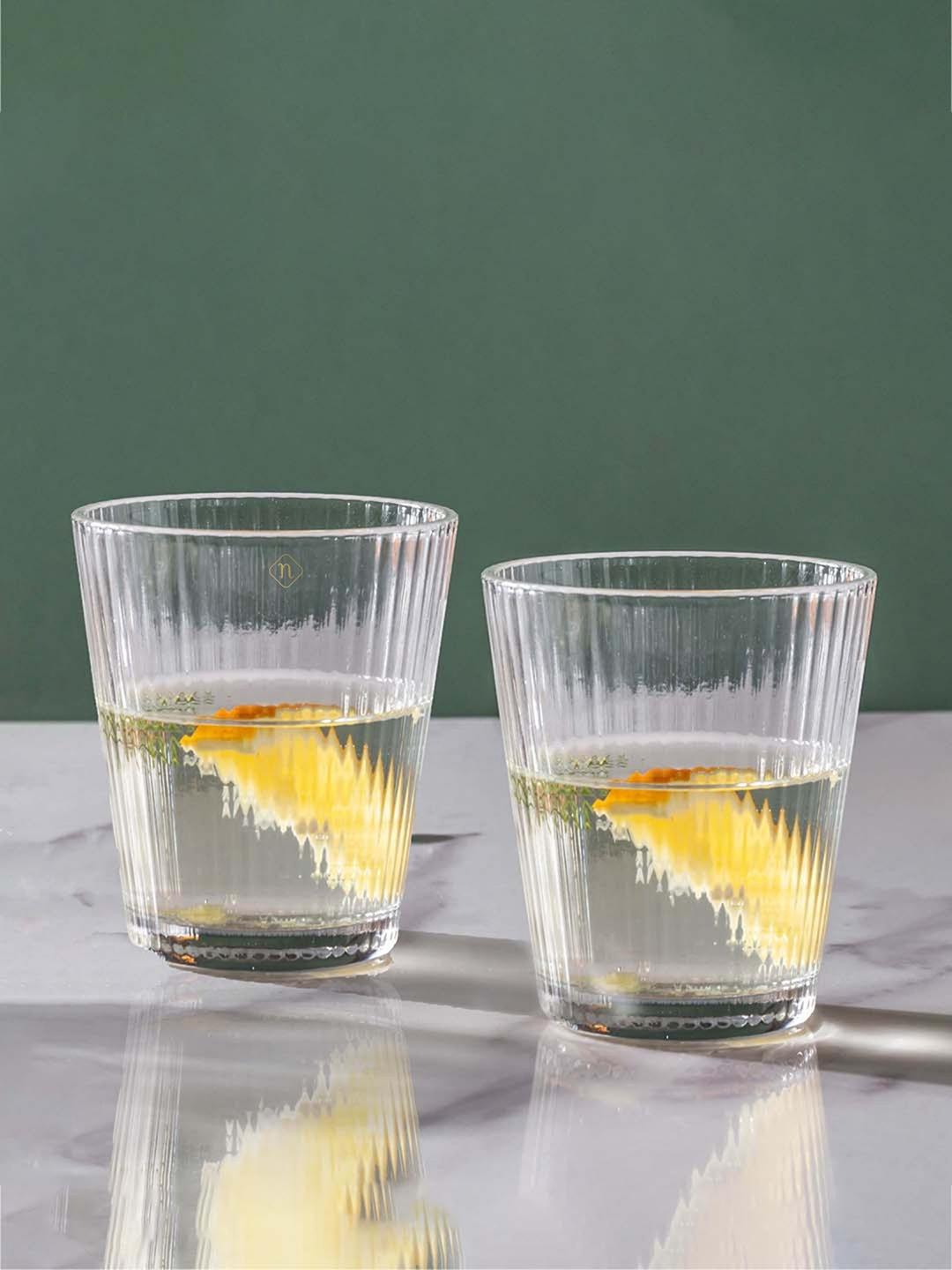 Buy Nestasia Set Of 2 Transparent Striped Short Tumbler Glasses - Water ...