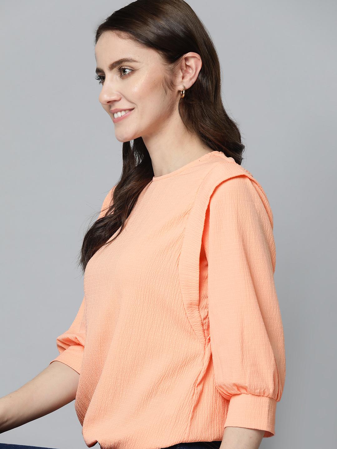 Buy Mast & Harbour Women Peach Coloured Solid Puff Sleeves Regular Top ...