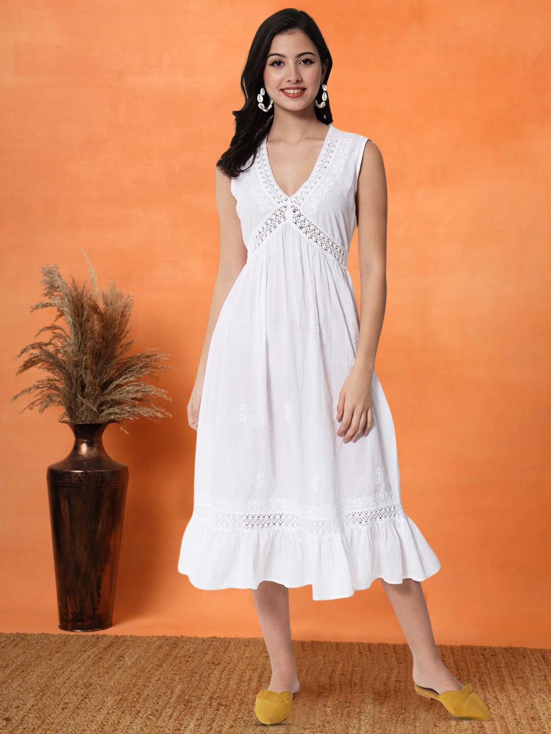 Buy PARAMOUNT CHIKAN Embroidered Chikankari Cotton A Line Dress ...