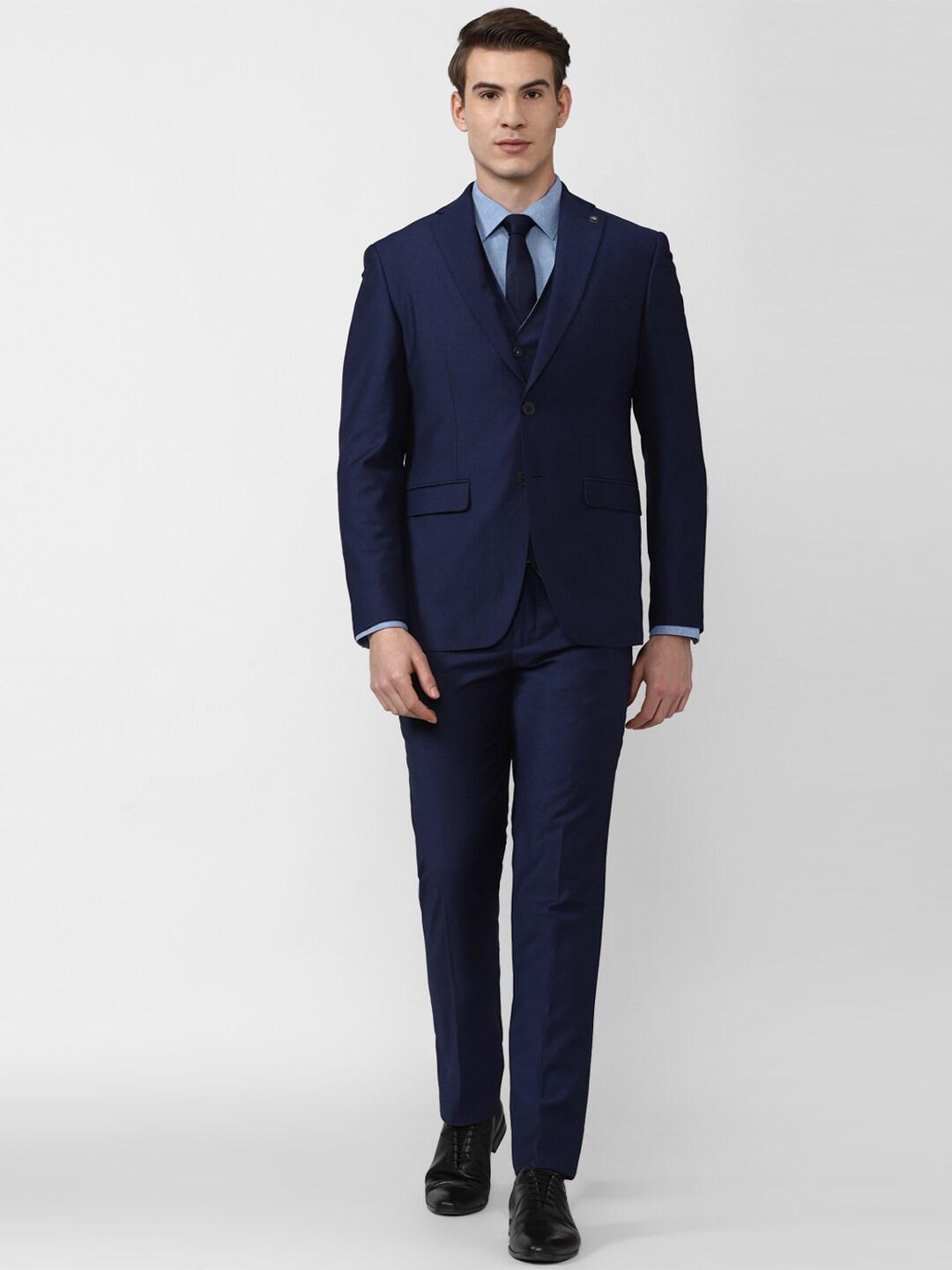 Buy Peter England Elite Men Navy Blue Solid Single Breasted Slim Fit 3 ...
