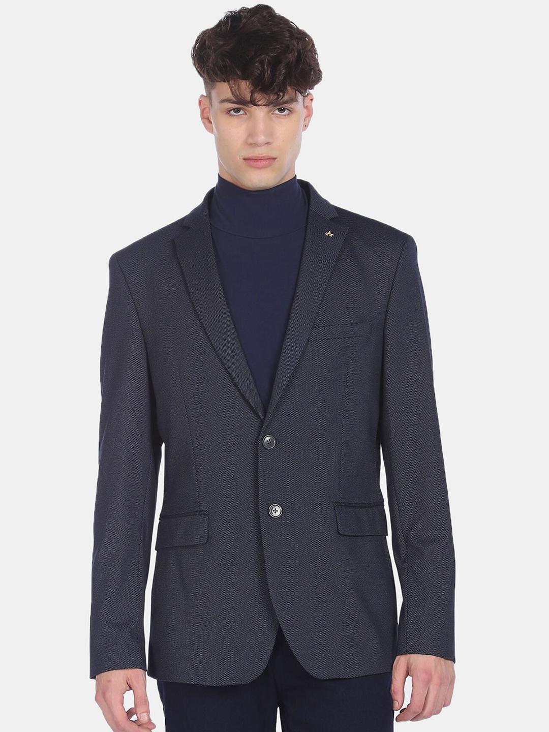 Buy Arrow Men Blue Textured Single Breasted Formal Blazer - Blazers for ...