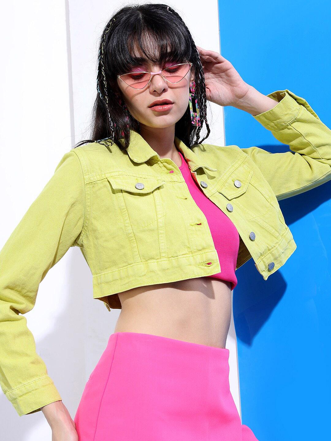 Buy Tokyo Talkies Women Lime Green Solid Crop Denim Jacket - Jackets ...