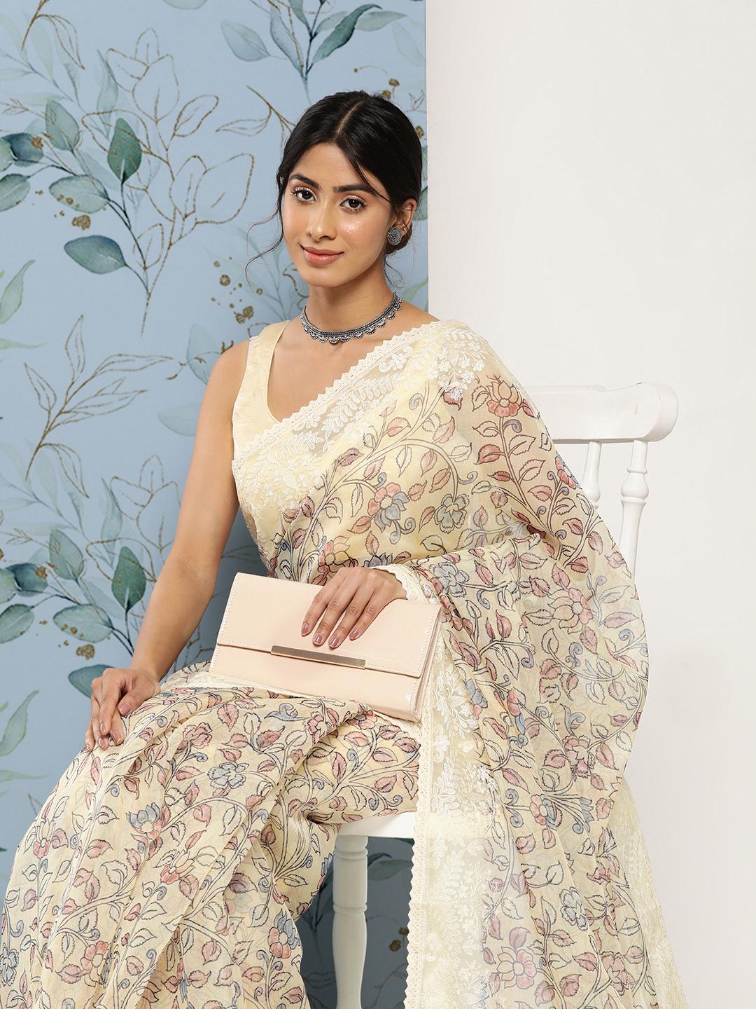 Buy SAARYA Cream Coloured & Blue Ethnic Motifs Poly Chiffon Saree ...