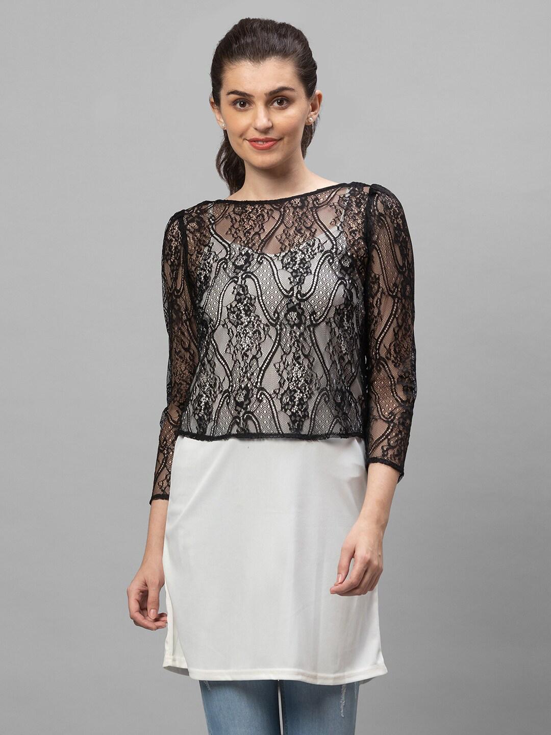 Buy Globus Women Black Self Design Lace Crop Top - Tops for Women ...