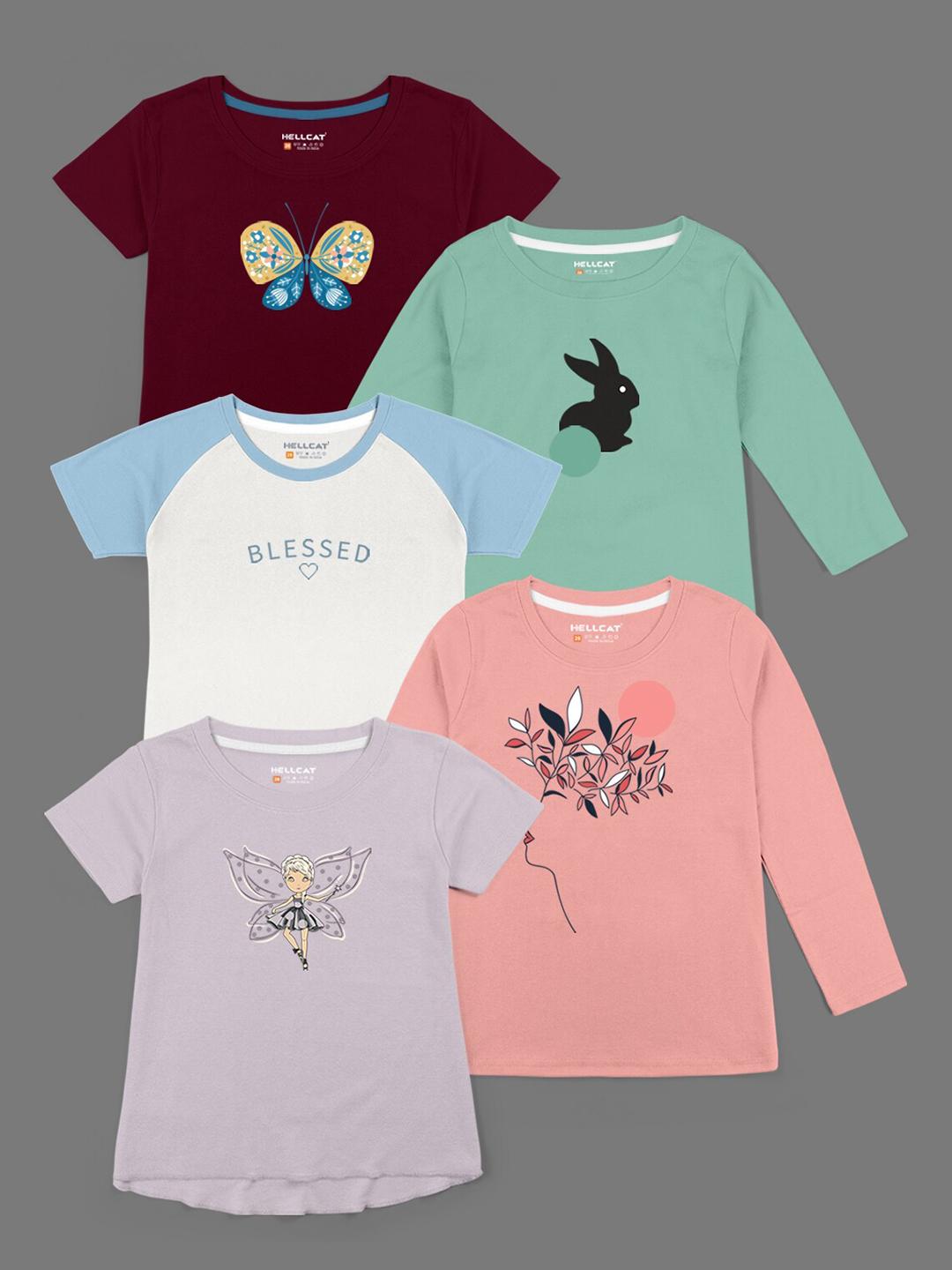 Buy HELLCAT Girls Pack Of 5 Printed Bio Finish T Shirt - Tshirts for ...
