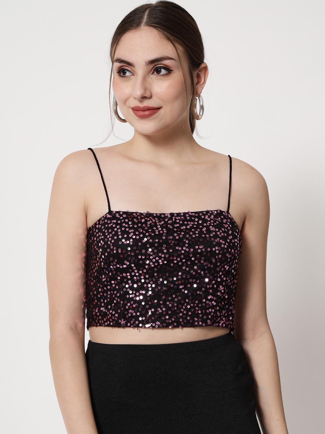 Buy Trend Arrest Pink & Black Embellished Crepe Crop Top - Tops for ...