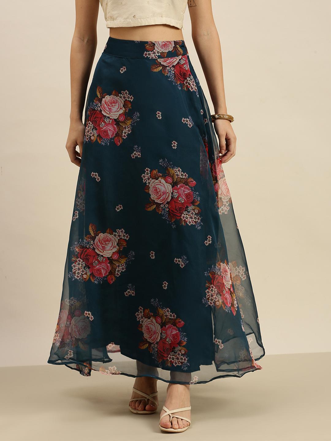 Buy De Moza Women Teal Coloured Printed Flared Maxi Skirt - Skirts for ...
