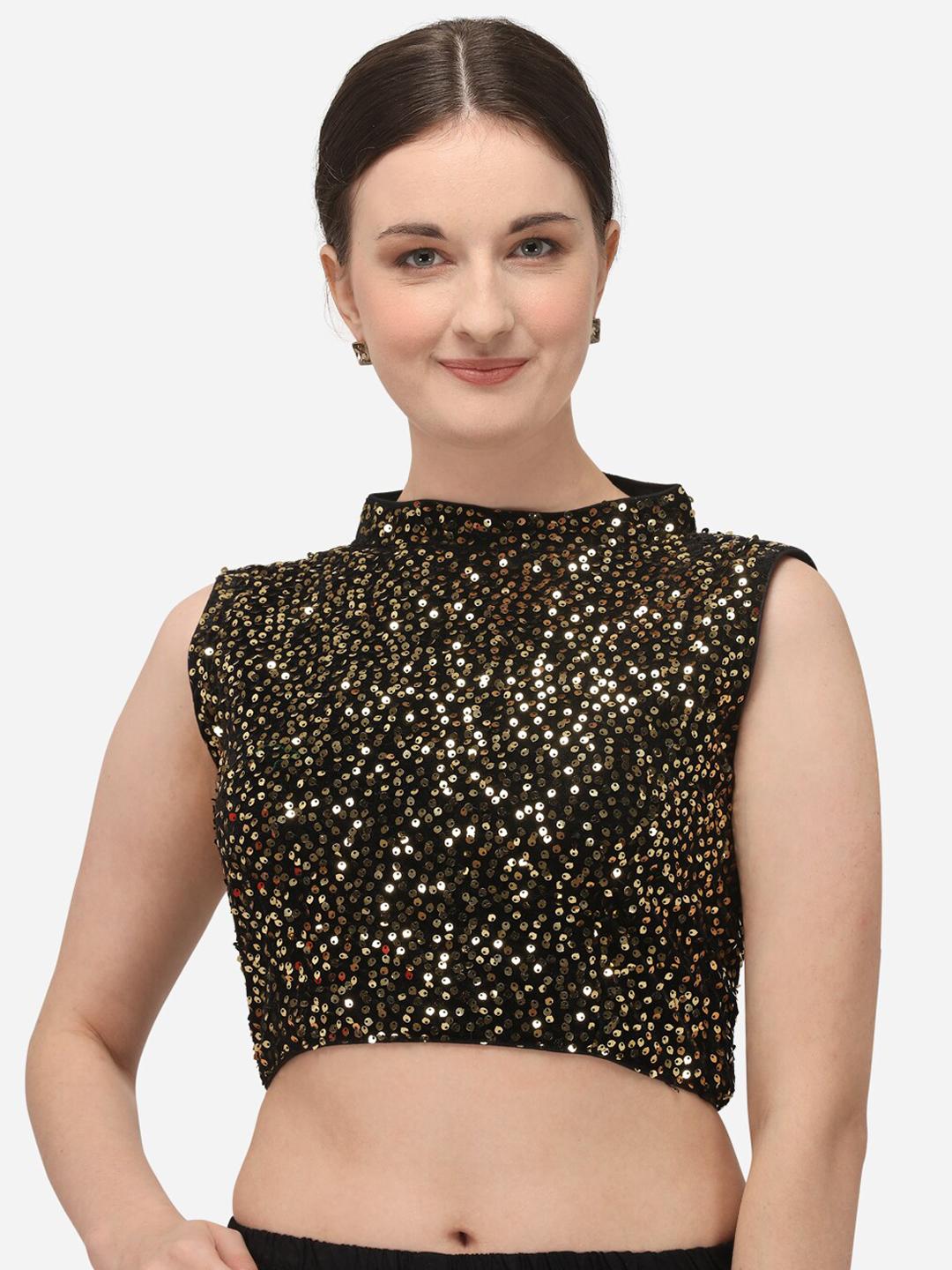 Buy Fab Dadu Women Black & Gold Velvet Sequined Saree Blouse - Saree ...