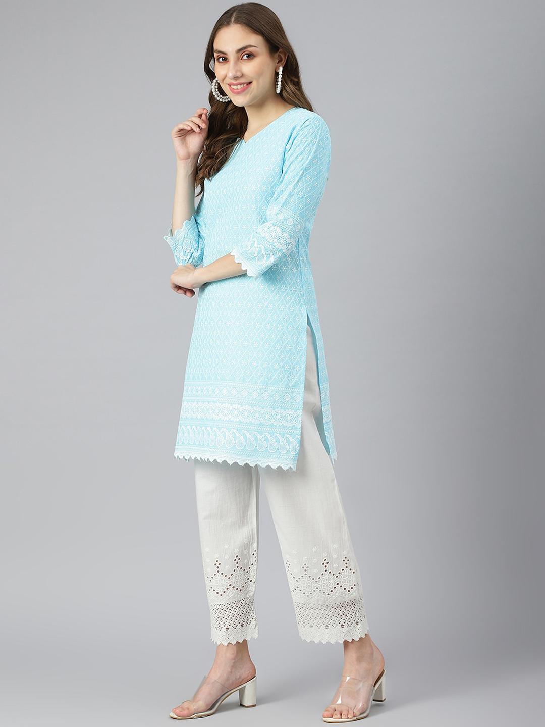 Buy Lagashi Women Blue Geometric Chikankari Kurta - Kurtas for Women ...