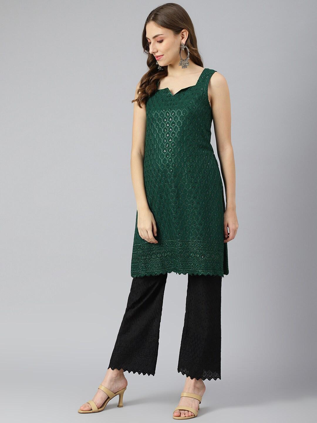 Buy Lagashi Women Green Ethnic Motifs Embroidered Kurta - Kurtas for ...