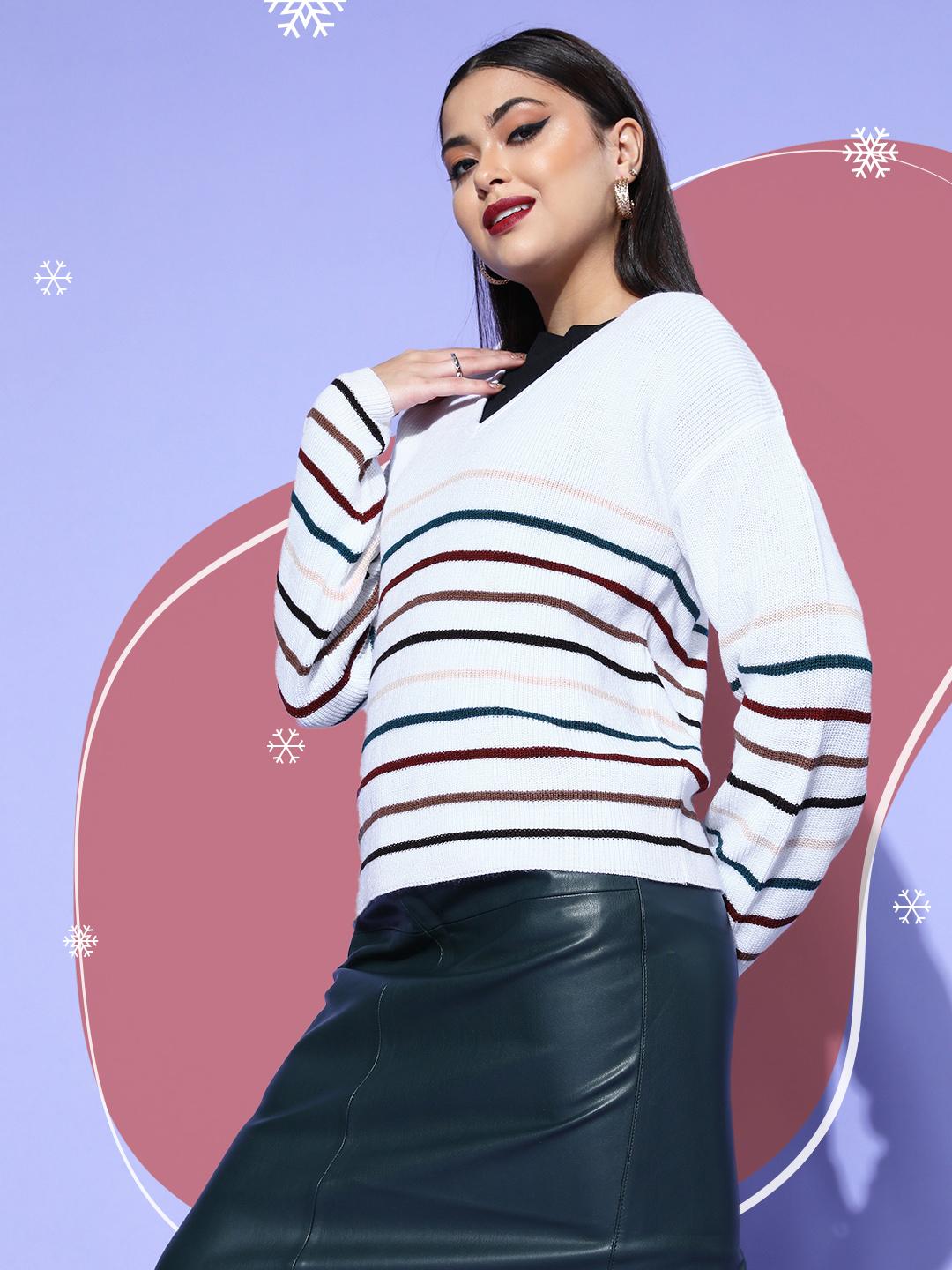 Buy Berrylush Women White Striped Knits Bits Sweater - Sweaters for ...