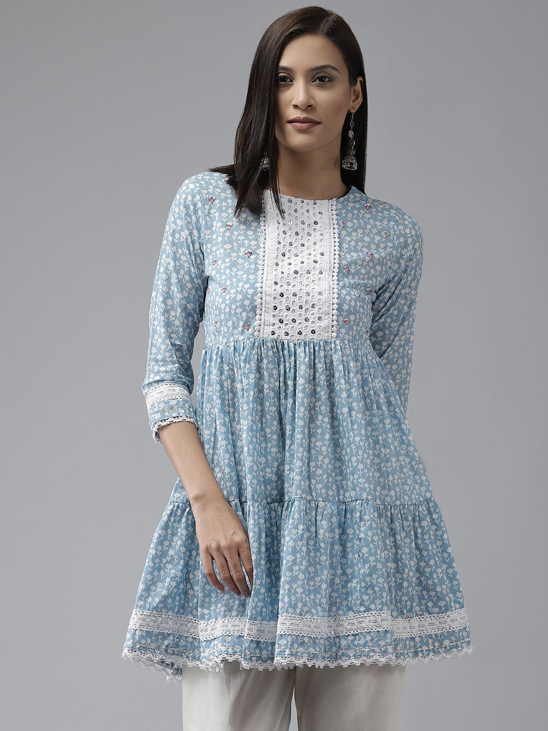 Buy Amirah S Blue & White Ethnic Motifs Printed Lace Inserts Pleated Pure Cotton Tunic - Tunics ...