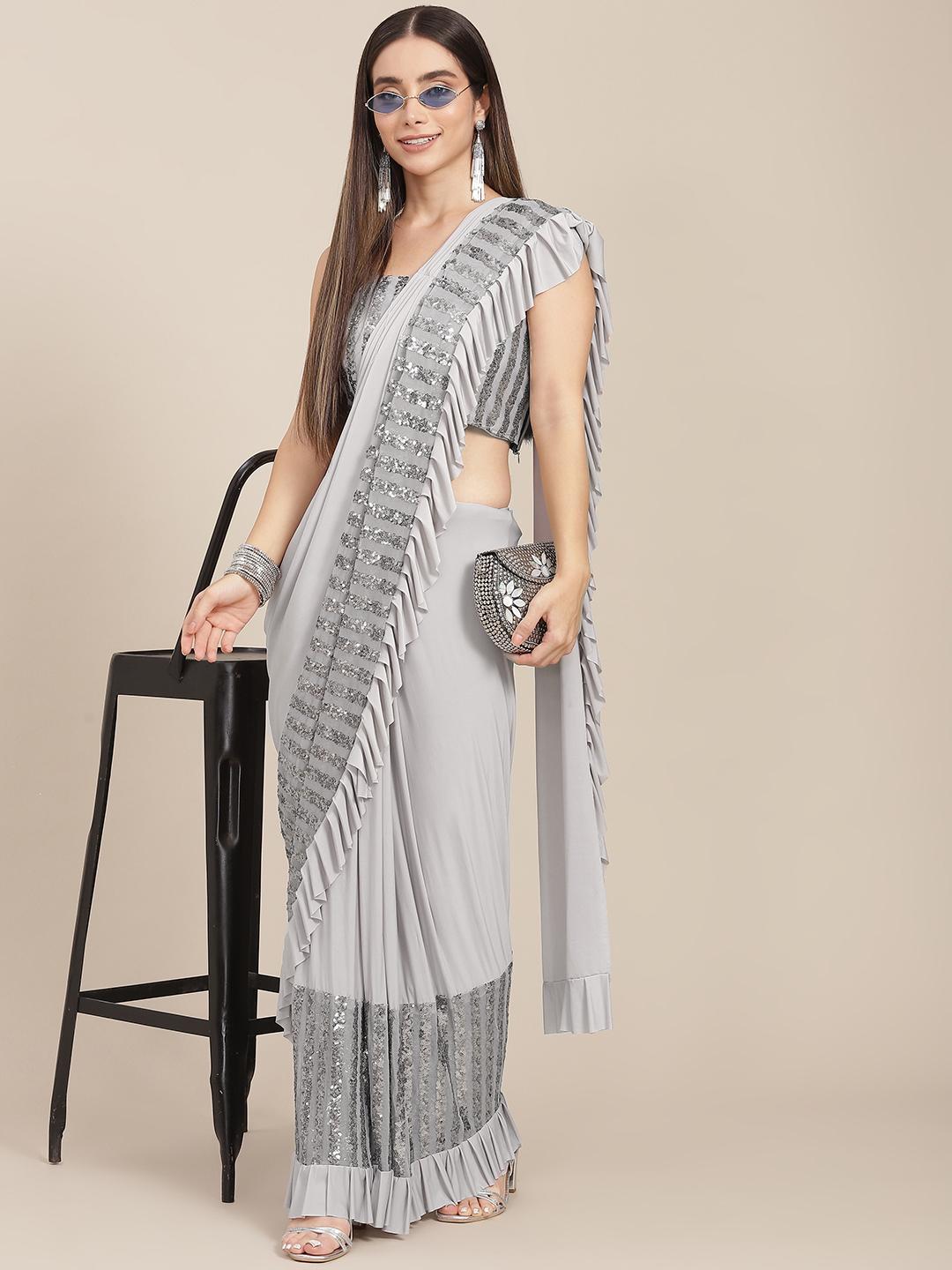 Buy SAARYA Woman Grey Embellished Satin Ready To Wear Saree - Sarees ...