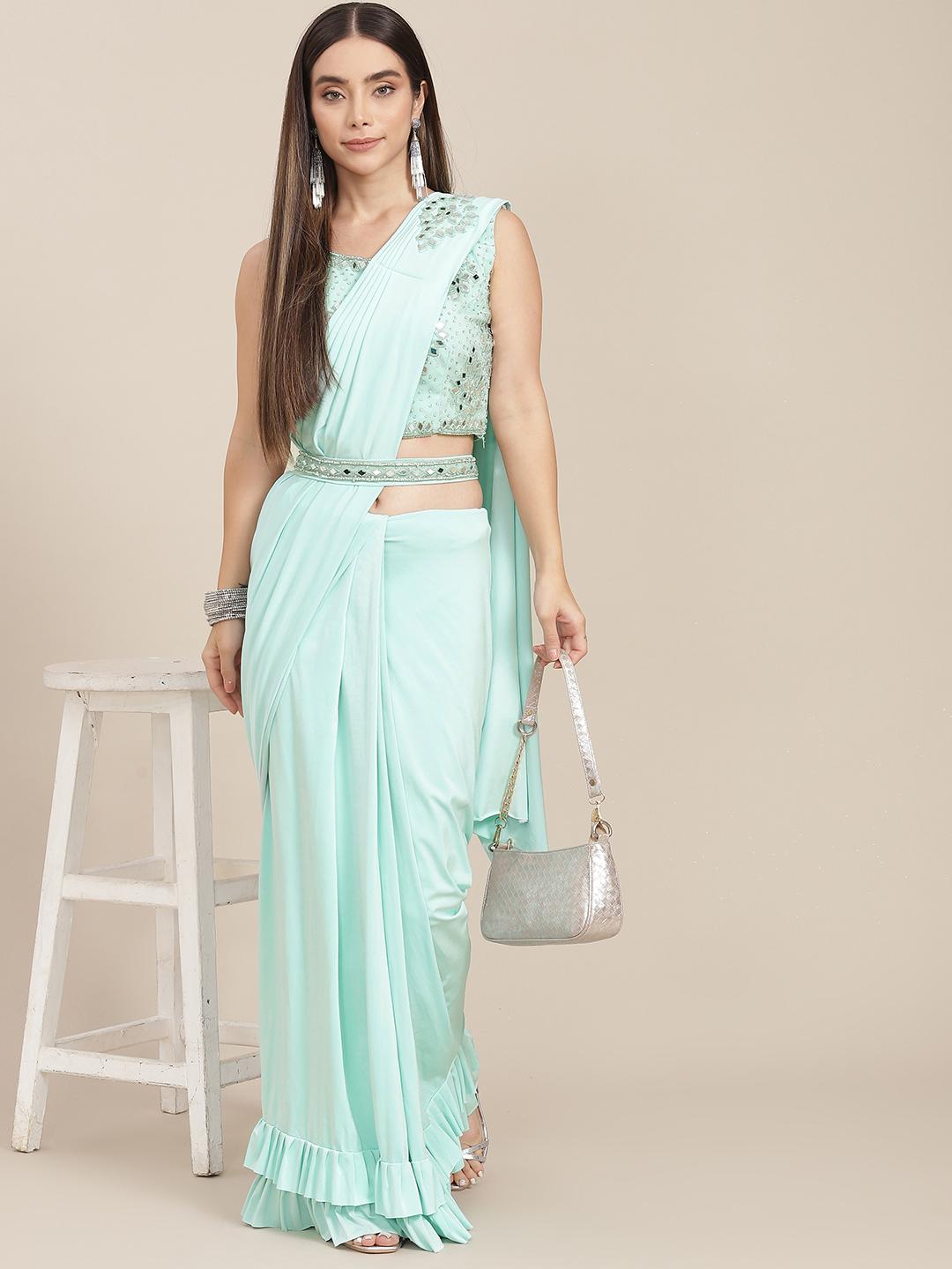 Buy SAARYA Woman Turquoise Blue Embellished Satin Ready To Wear Saree ...