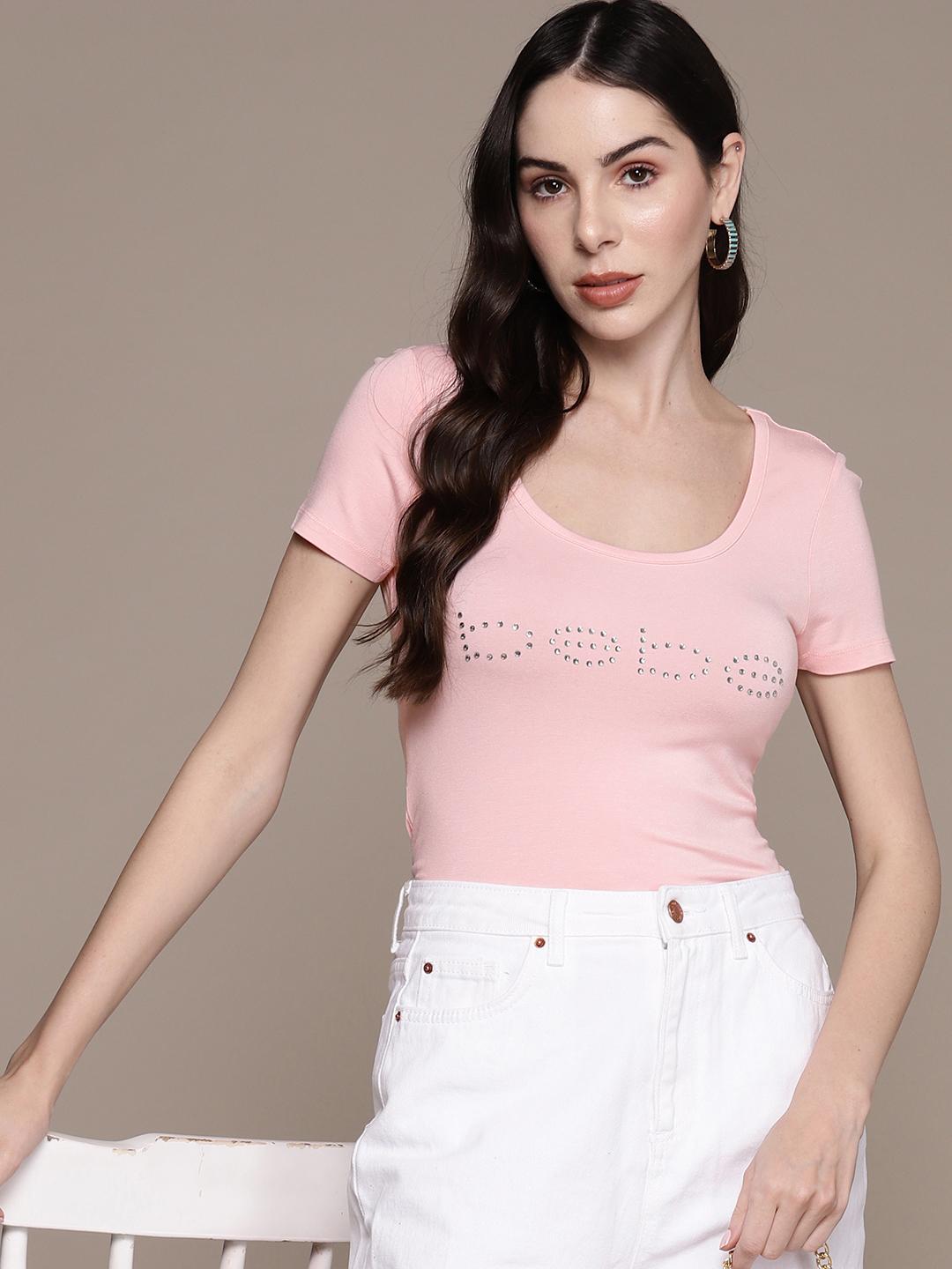 Buy Bebe Season Staples Brand Logo Embellished Fitted Top - Tops for ...