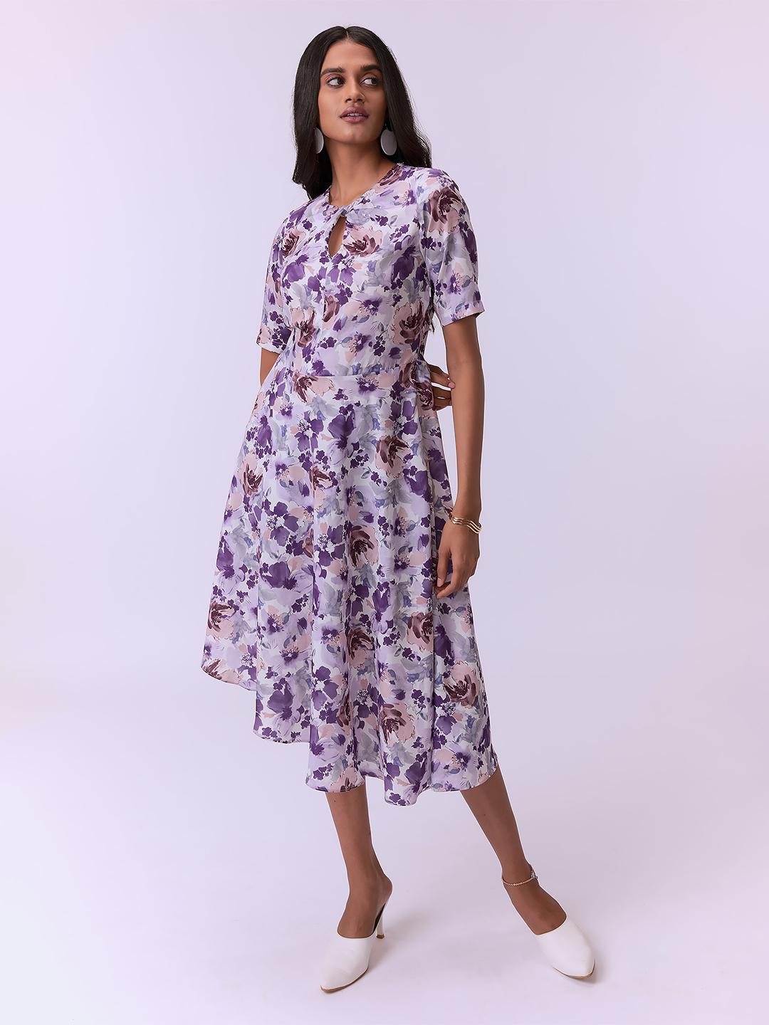 Buy NOT SO PINK Purple Floral Tie Up Neck Formal Midi Dress - Dresses ...