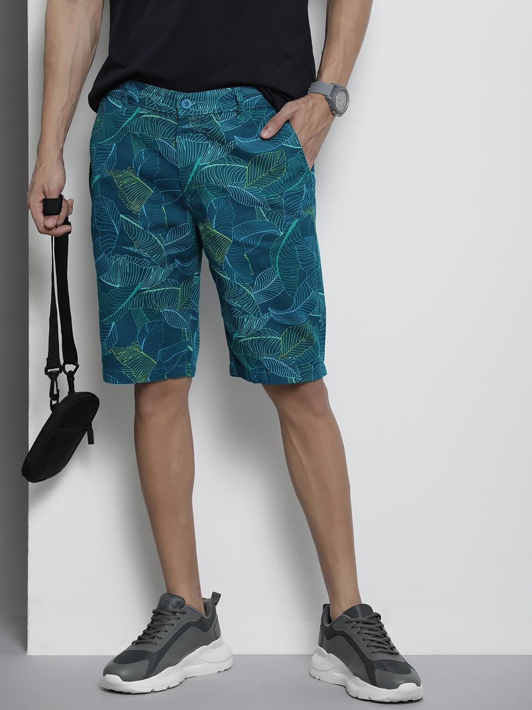 Buy The Indian Garage Co Men Teal Blue & Green Printed Slim Fit Shorts ...