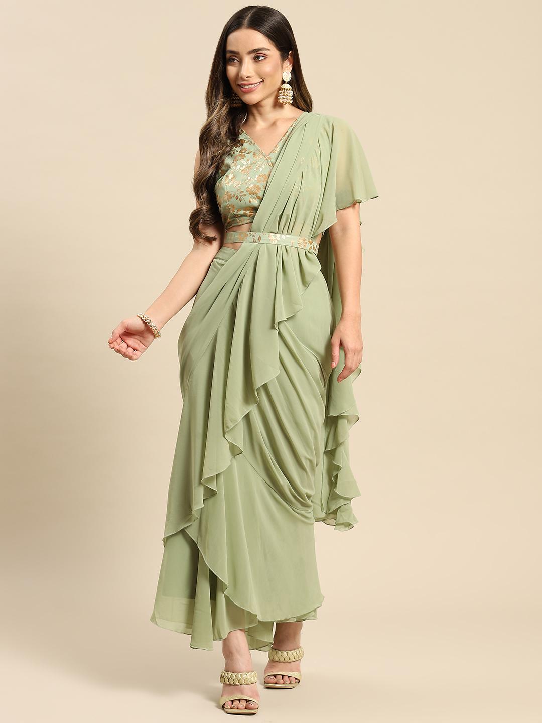 Buy MABISH By Sonal Jain Green Belted Ready To Wear Frilled Saree ...