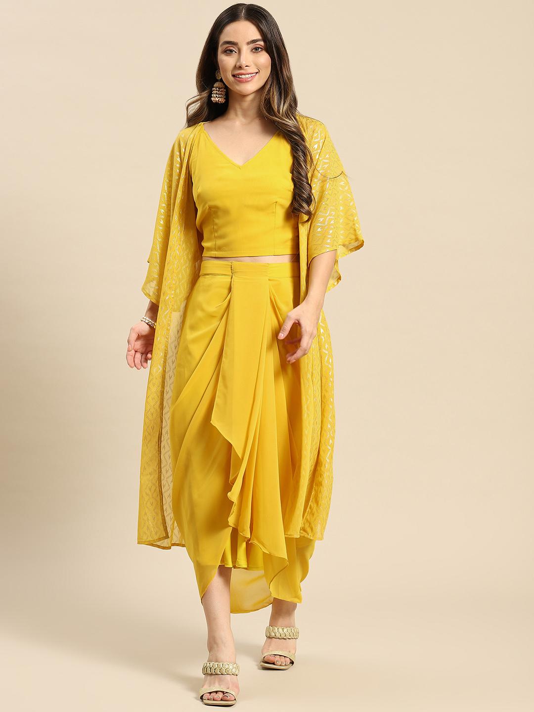 Buy MABISH By Sonal Jain Women Yellow Printed Crop Top With Draped ...