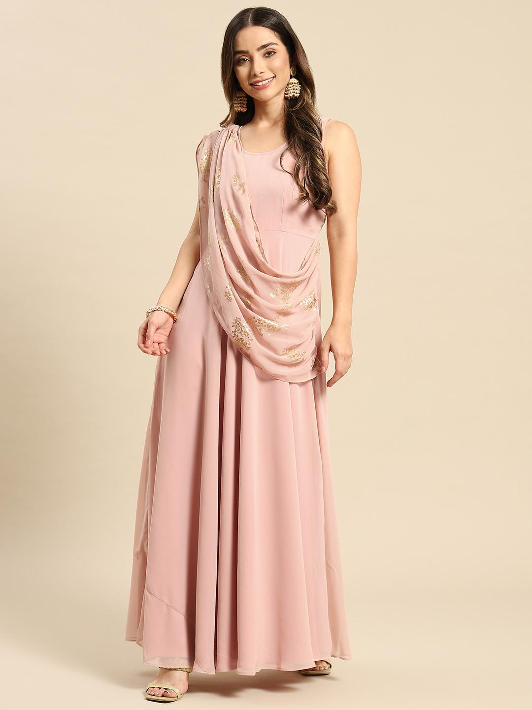 Buy MABISH By Sonal Jain Pink Layered Georgette Maxi Dress With Dupatta ...
