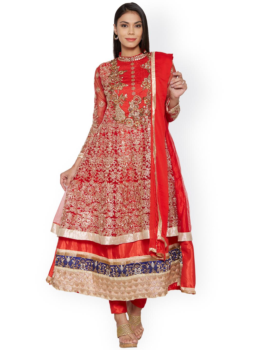 Buy Aaina Red Embroidered Net Unstitched Dress Material - Dress ...