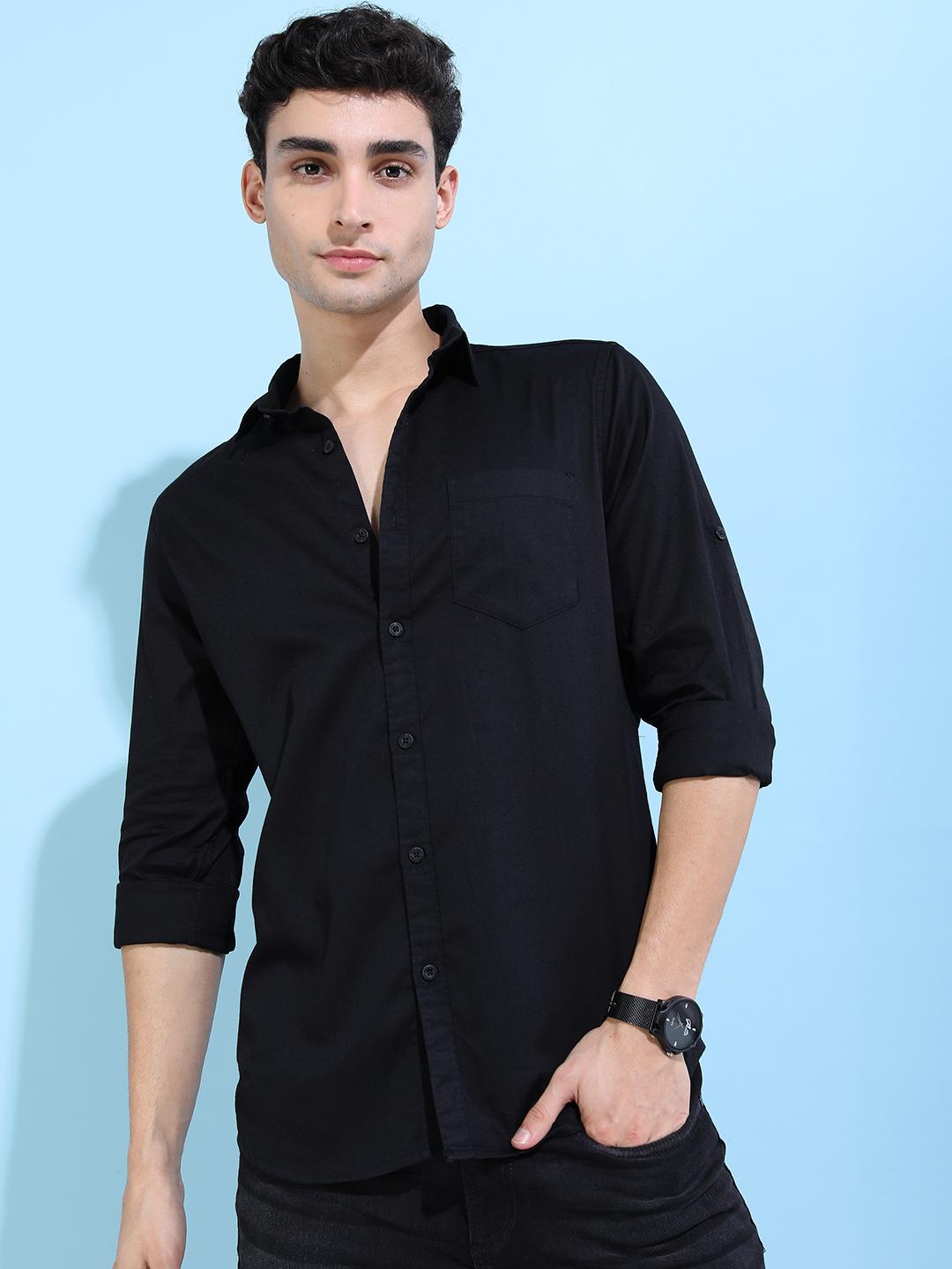 Buy HIGHLANDER Men Black Long Roll Up Sleeves Slim Fit Casual Shirt ...