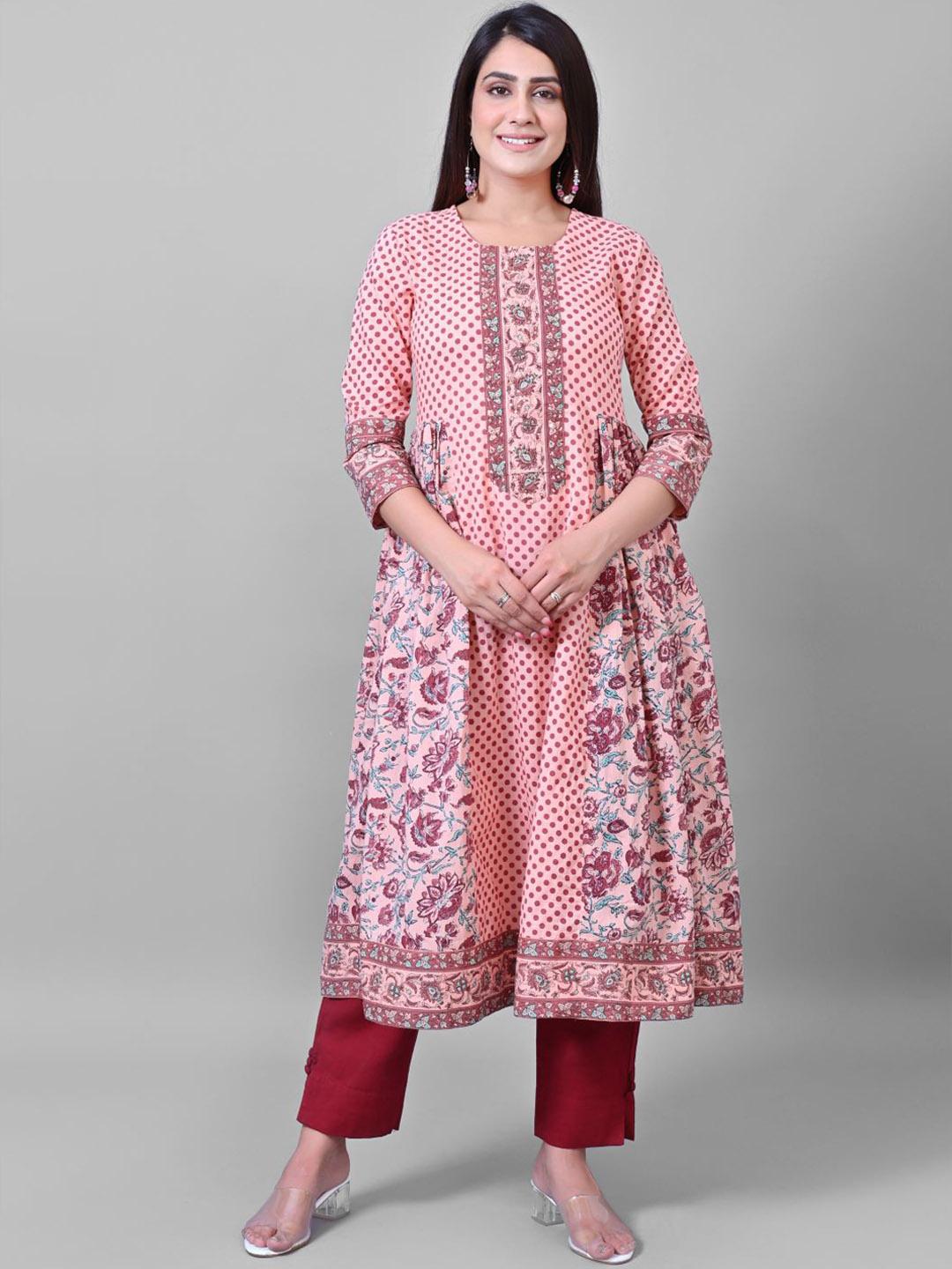Buy PRAKRTEE Women Coral & Red Floral Printed Cotton Pleated Anarkali ...