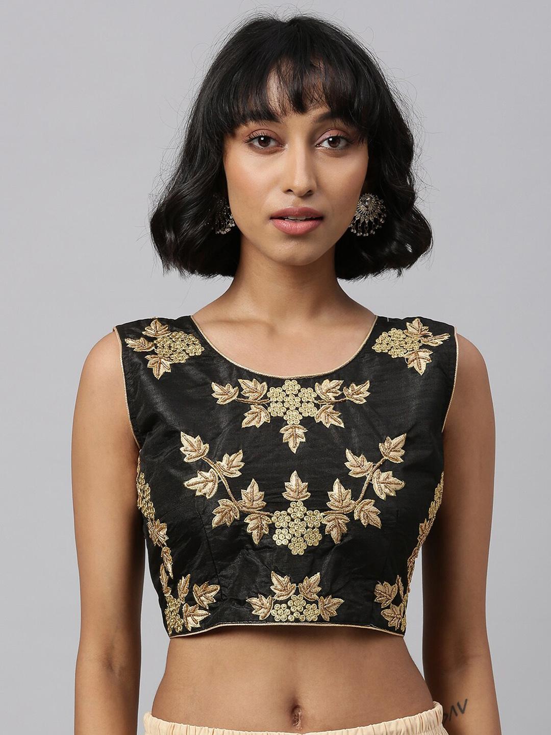 Buy Fab Dadu Black & Gold Toned Embroidered Silk Saree Blouse - Saree ...