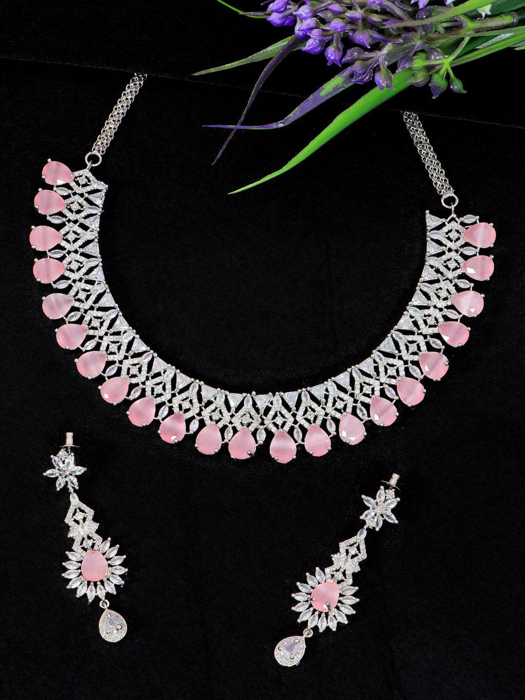 Buy SwaDev Women Silver Plated Pink AD Studded Jewellery Set ...
