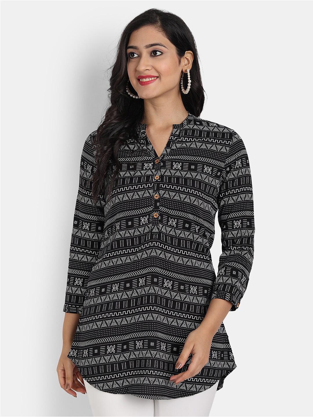 Buy SUTI Black & White Tribal Print Mandarin Collar Shirt Style Top ...