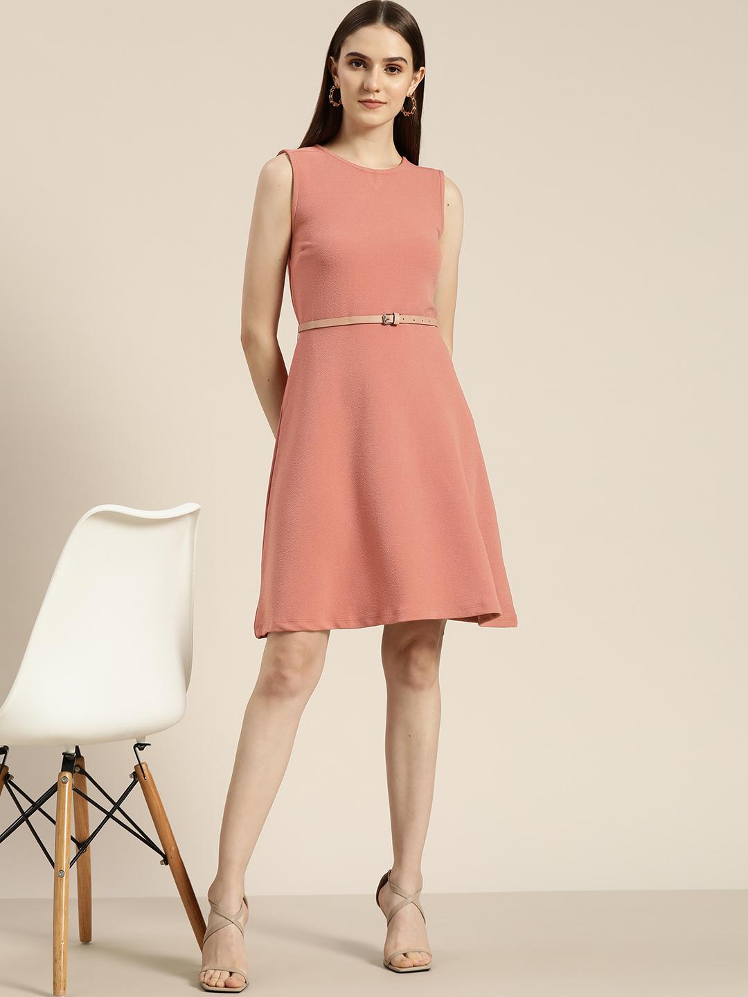 Buy Her By Invictus Women Pink Textured Dress With Belt - Dresses for ...