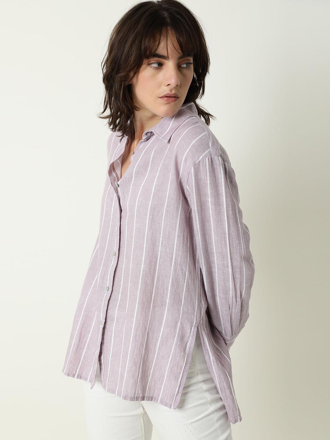 Buy RAREISM Purple Striped Cotton Shirt Style Top - Tops for Women ...