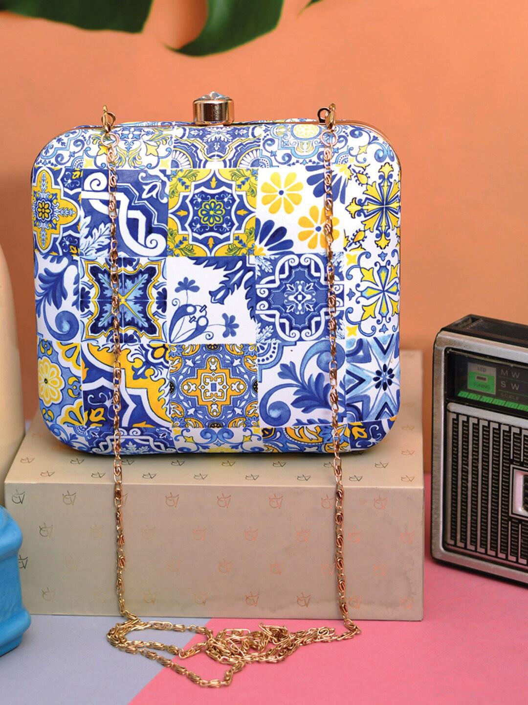 Buy ARTKLIM Blue & White Printed Box Clutch - Clutches for Women ...