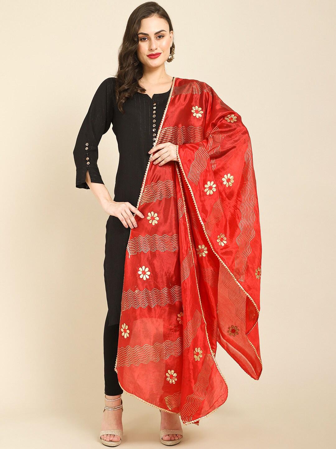 Buy Miaz Lifestyle Red & Gold Toned Printed Art Silk Bandhani Dupatta ...