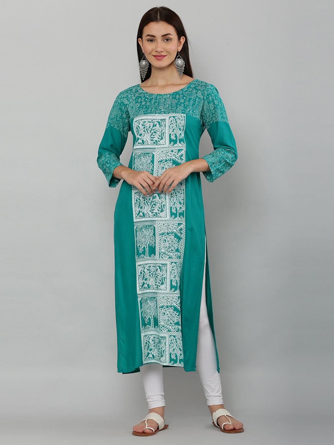 Buy DEGE Women Green & White Ethnic Motifs Printed Block Print Kurta ...