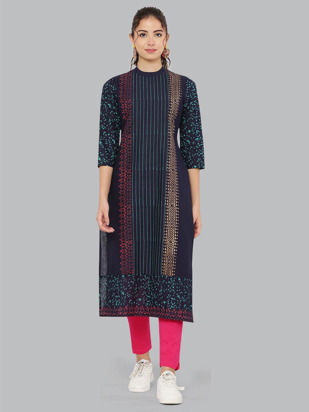 Buy DEGE Women Navy Blue & Green Striped Block Print Kurta - Kurtas for ...