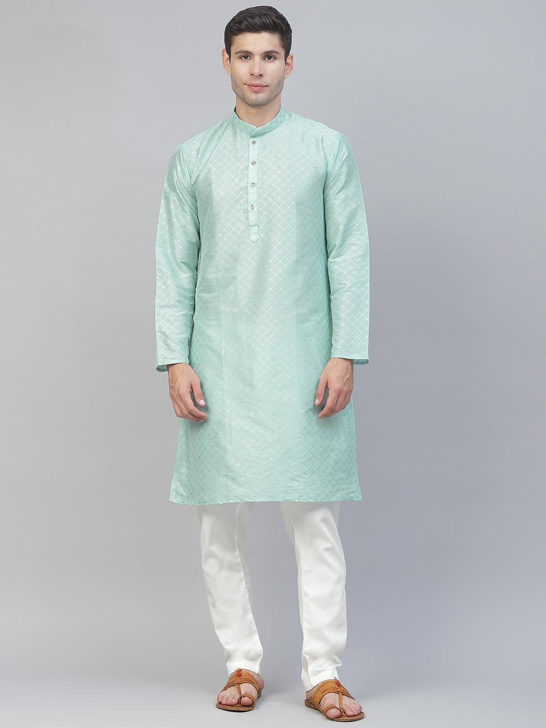 Buy MANQ Men Turquoise Blue Printed Kurta With Pyjamas - Kurta Sets for ...