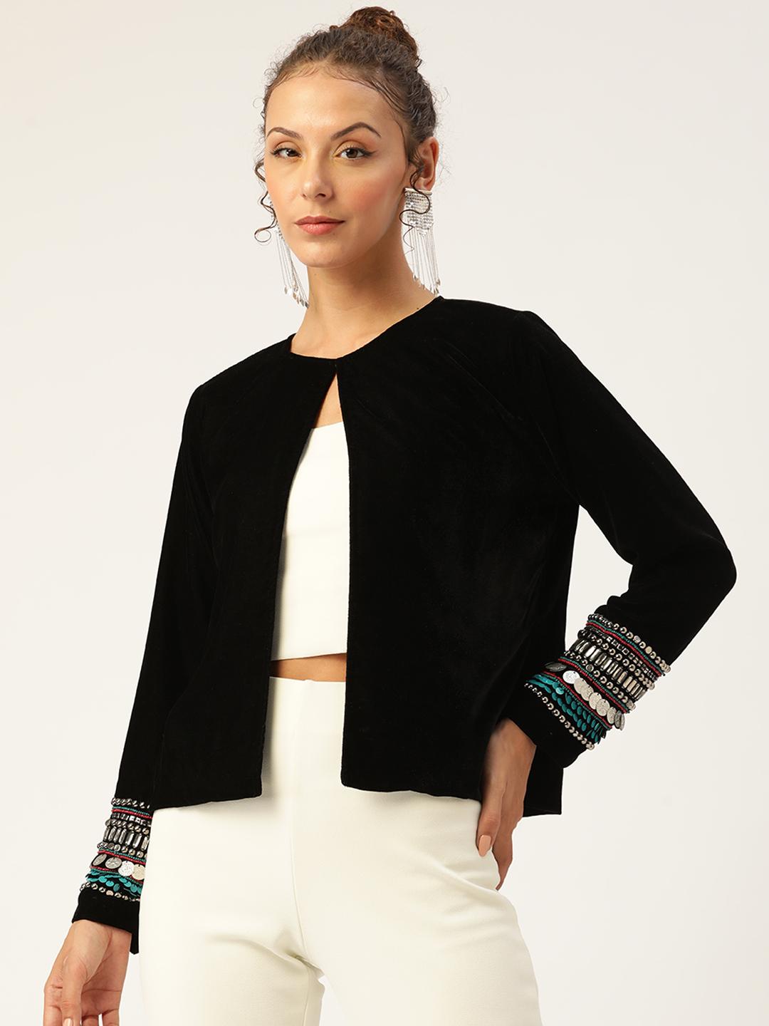 Buy Antheaa Women Black Solid Velvet Finish Open Front Jacket - Jackets ...