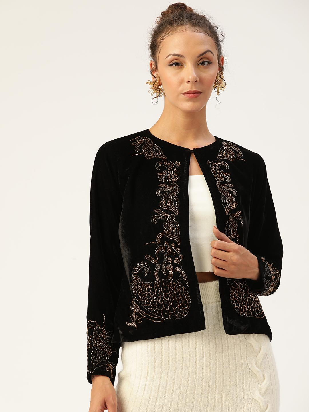 Buy Antheaa Women Black Embroidered Velvet Finish Open Front Jacket ...
