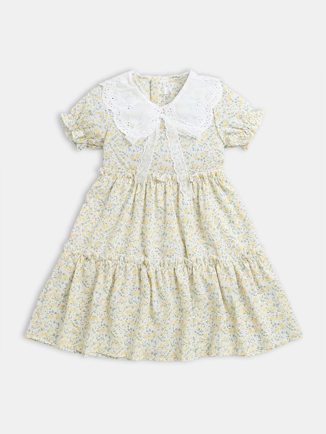 Buy Hopscotch Yellow & White Floral Peter Pan Collar Dress - Dresses ...