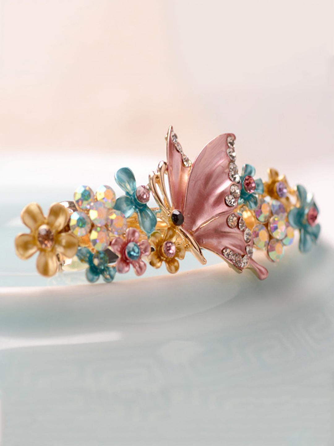 Buy Yellow Chimes Designed Multicolor Crystal Studded French Baratte ...