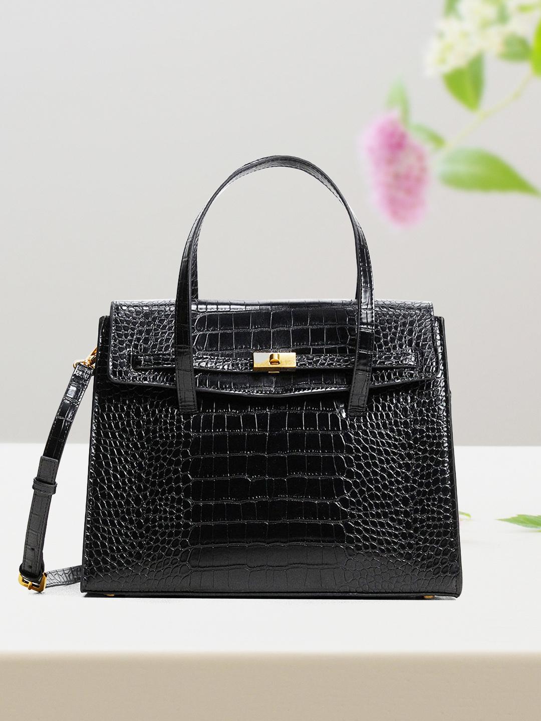 Buy MANGO Black Croc Textured Structured Handheld Bag - Handbags for ...