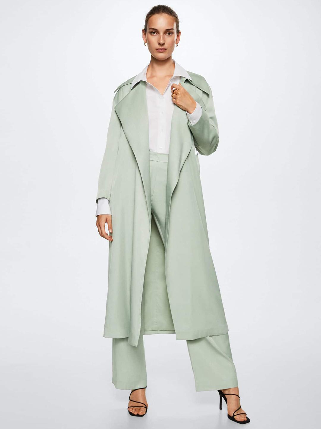 Buy MANGO Women Green Solid Longline Overcoat - Coats for Women ...