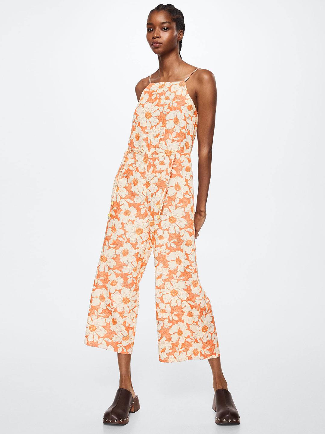 Buy MANGO Off White & Peach Coloured Floral Print Basic Jumpsuit ...