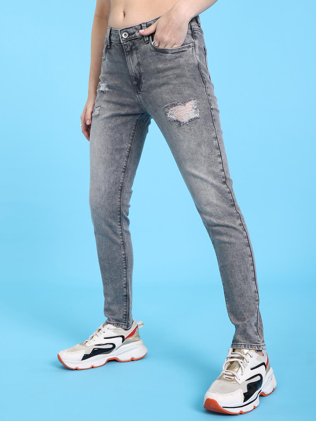 Buy Flying Machine Women Grey Veronica Skinny Fit Low Distress Heavy ...