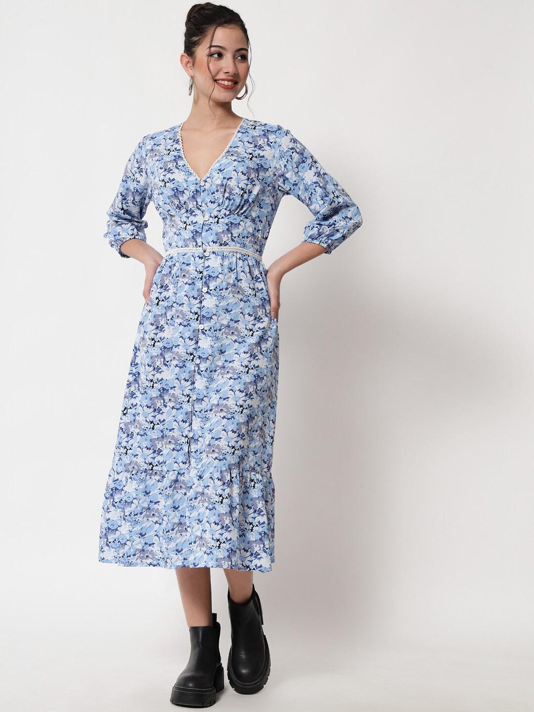 Buy The Vanca Blue & White Floral Midi Dress - Dresses for Women ...